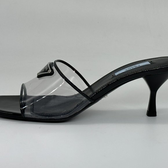 Prada | Shoes | Prada Signature Triangle Logo Pvc Patent Mule Sandals ...